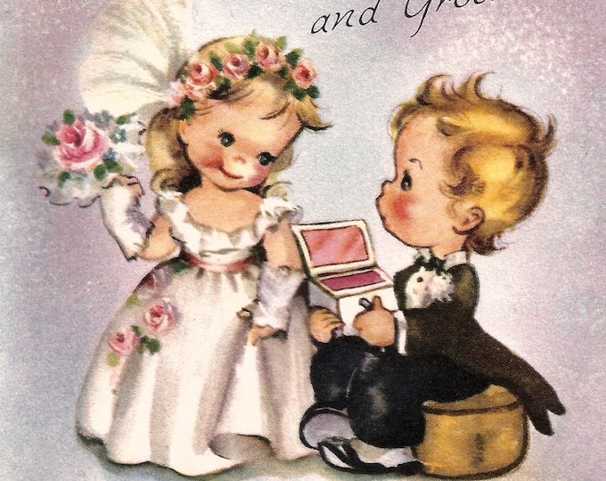 Vintage Greeting Wedding Card Cute Children Bride and Groom Digital ...