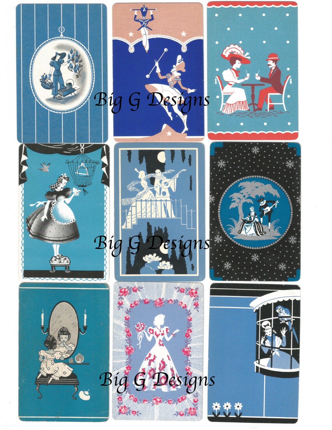 Nine Vintage Art Deco Playing Cards Black Blue Silhouettes Ladies Women ...