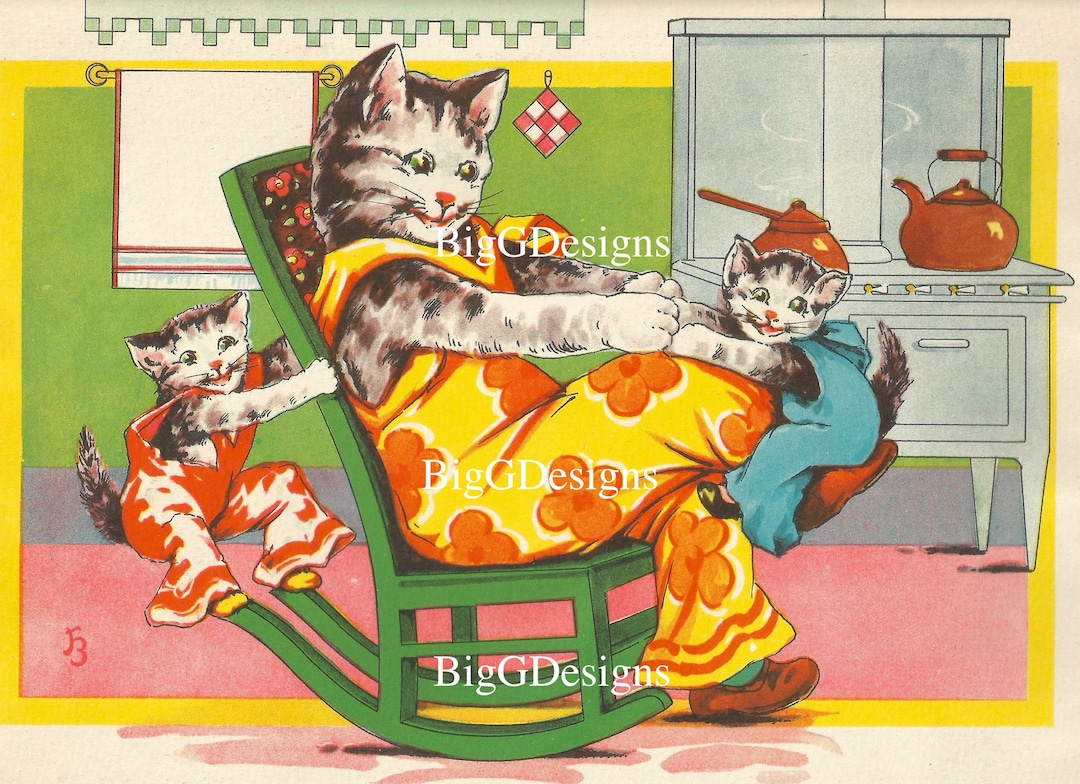 Vintage Children's Book Illustration Anthropomorphic Kittens Cat in ...