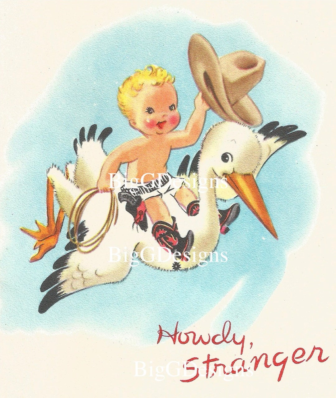 Vintage Baby Boy Greeting Card Cowboy Stork Digital Download Printable ...