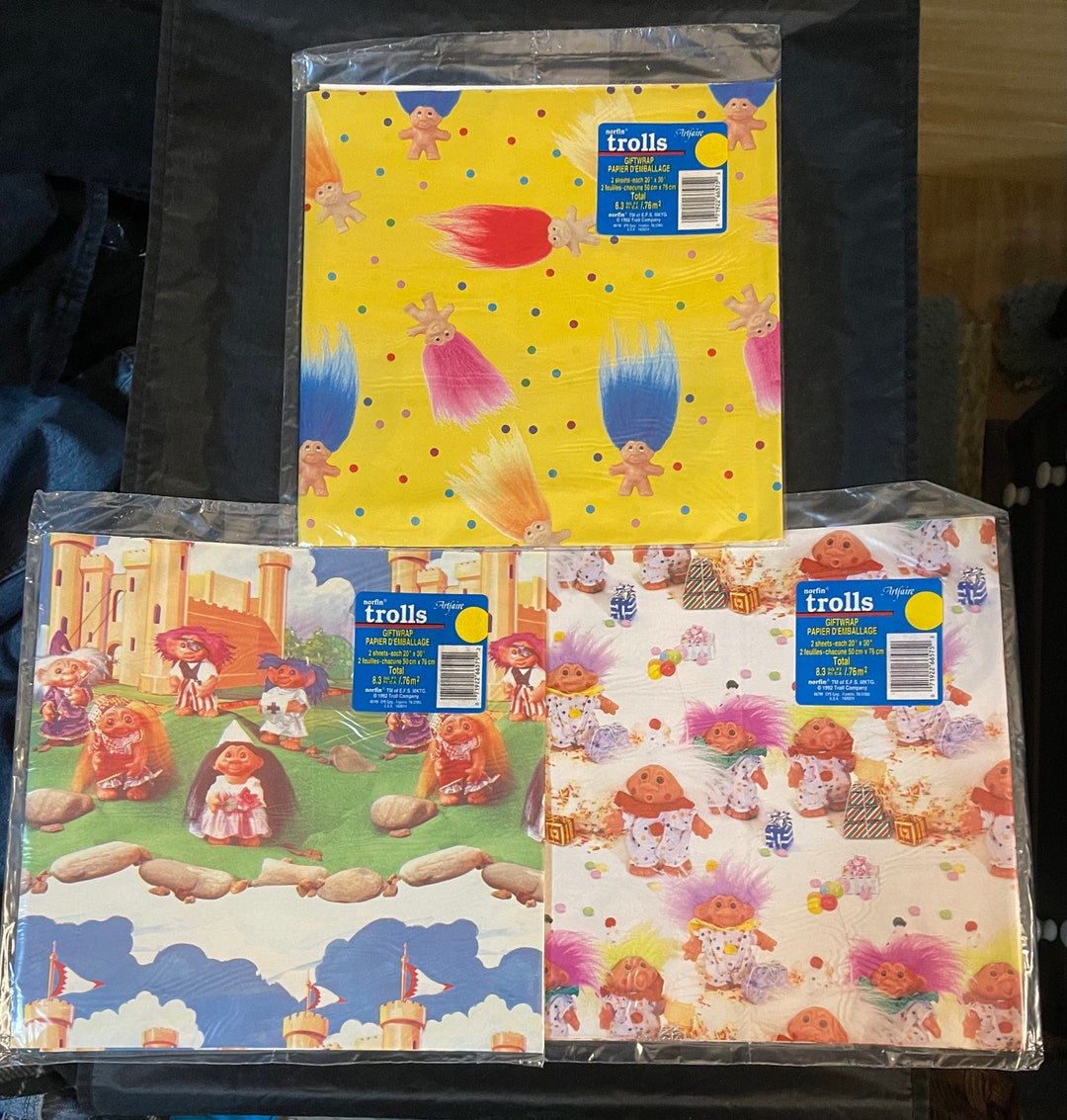 Three Vintage Packages Norfin Troll Gift Wrap Wrapping Paper Birthday ...