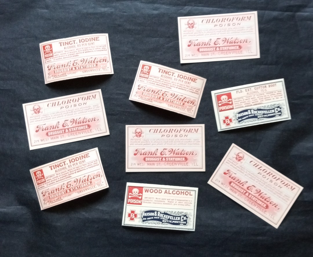 Lot of Nine Vintage Poison Iodine Chloroform Cotton Root Wood Alcohol ...