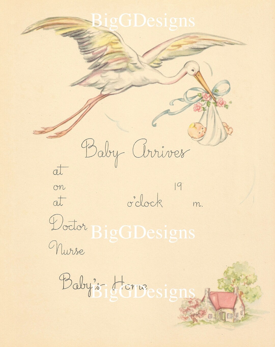 Vintage Stork Birth Announcement: Baby Memory Book Page (digital ...