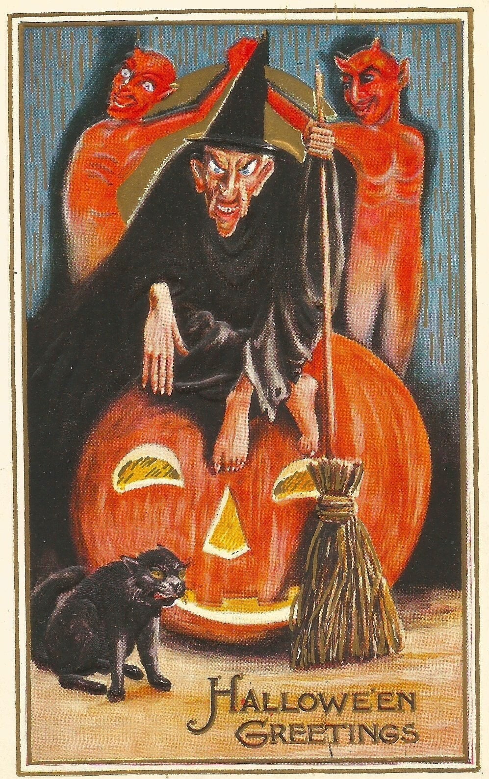 Antique Halloween Witch Devil Black Cat Postcard Digital - Etsy