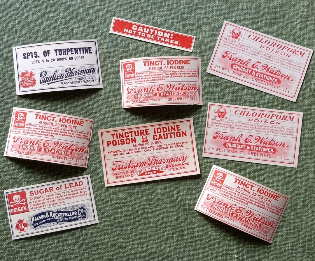 Lot of Nine Vintage Poison Iodine Chloroform Sugar of Lead Labels ...
