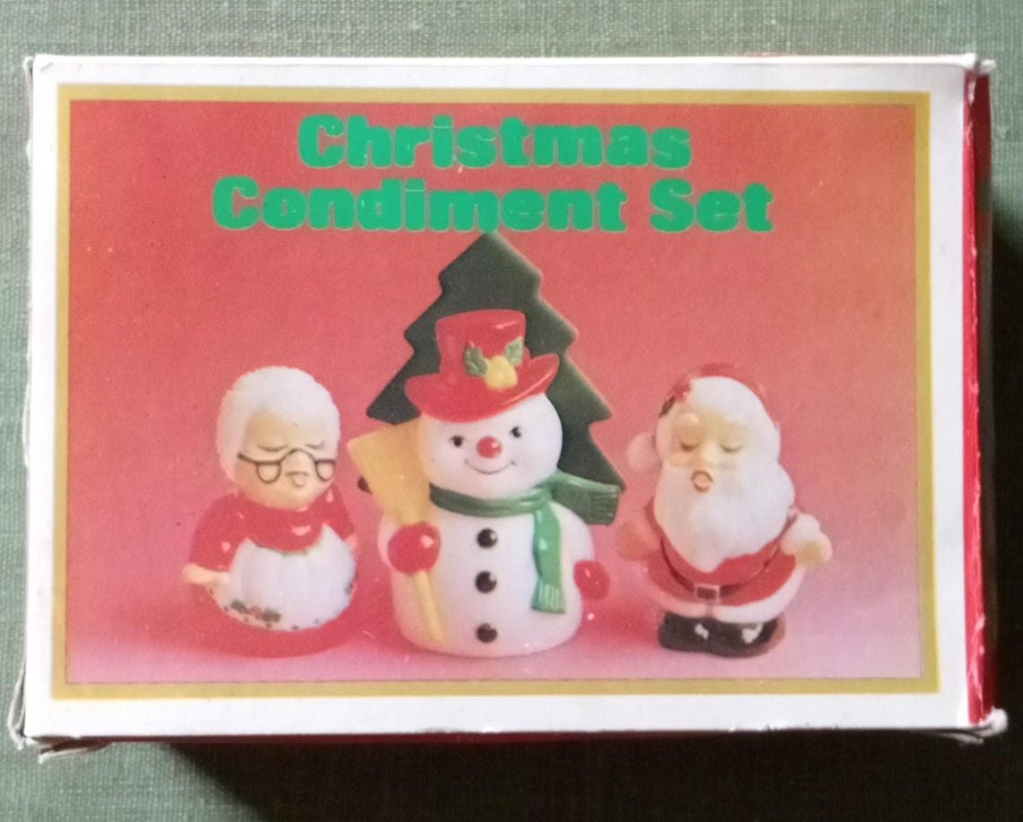 Vintage Plastic Christmas Condiment Set in Box Snowman Santa Mrs. Claus ...