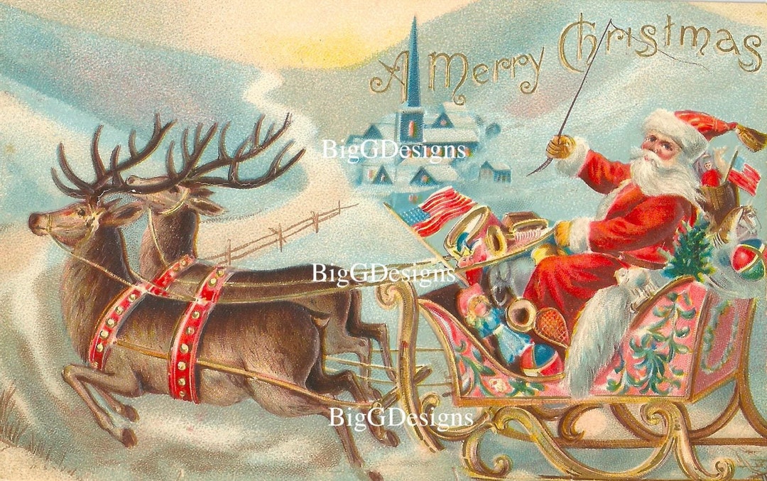 Antique Vintage Christmas Postcard Santa Claus Sleigh Reindeer Digital ...