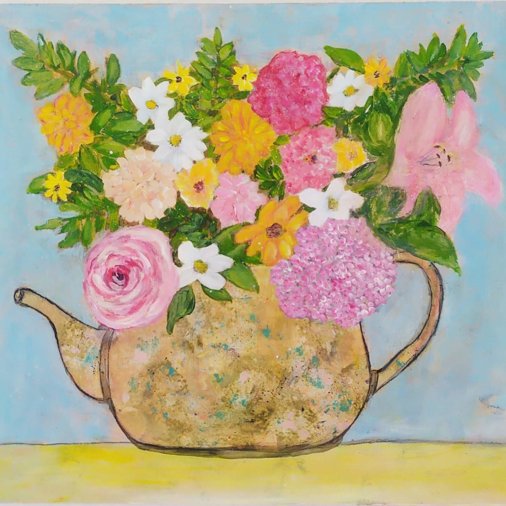 Tea Pot Art, Flower Bouquet Painting, Original Artwork, Farmhouse Wall ...