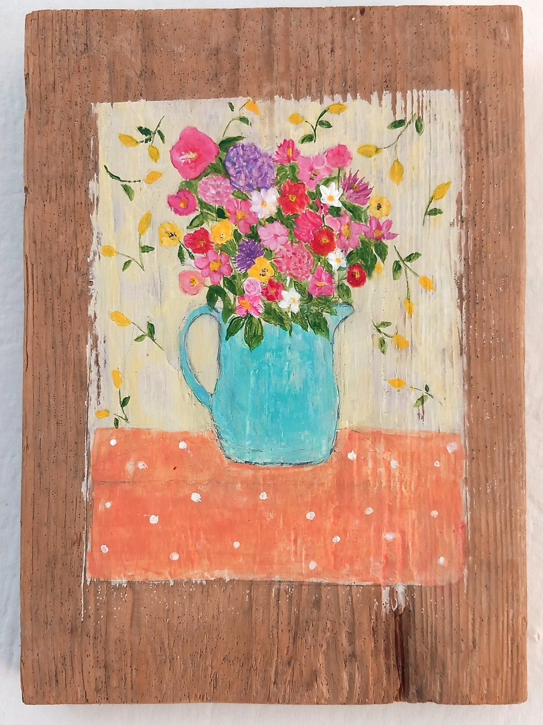 Flowers in Pitcher, Reclaimed Wood Wall Decor, Painting on Wood, Cozy ...