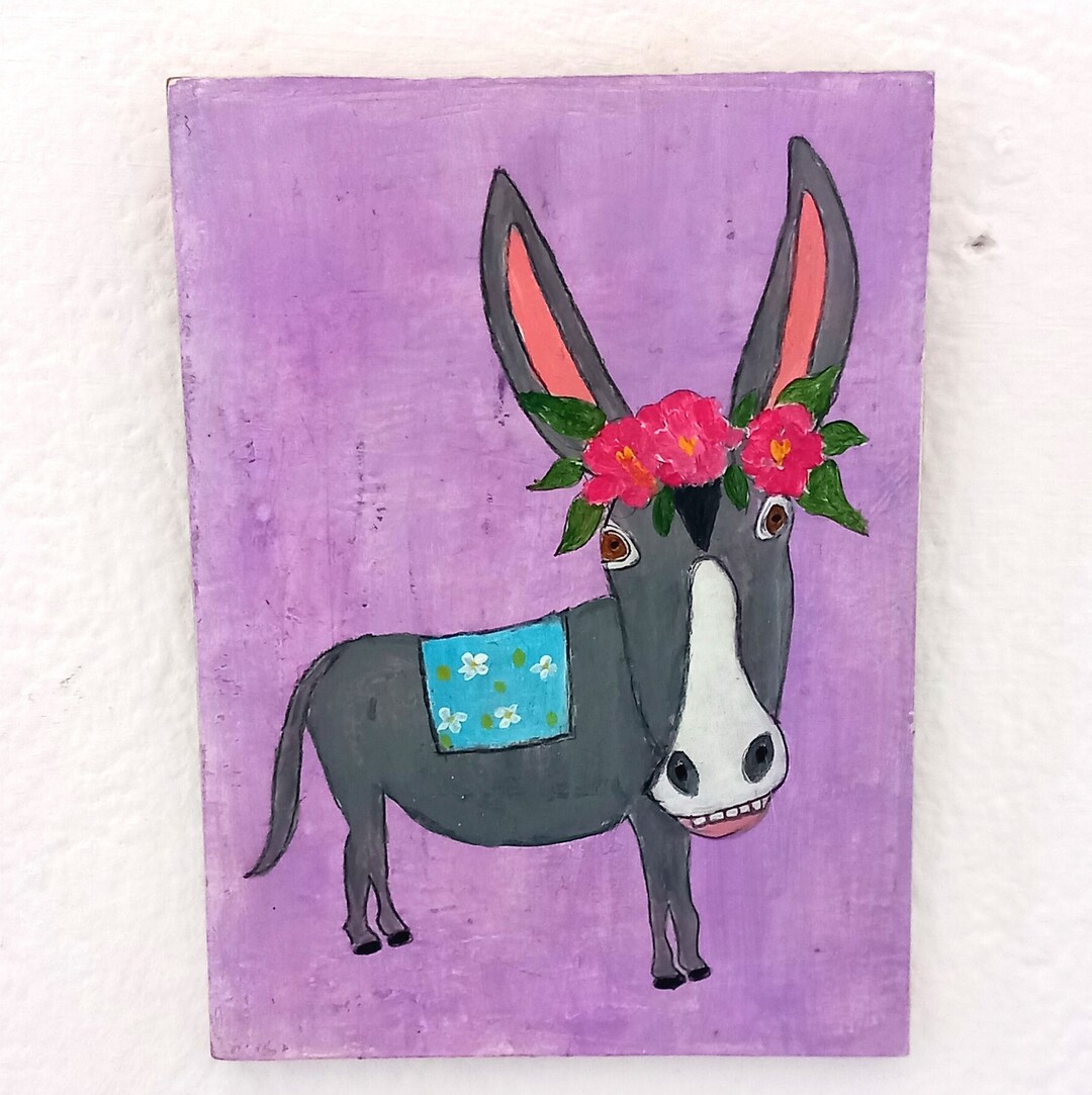 Cute Donkey Painting, Original Donkey Art, Donkey With Flower Crown ...