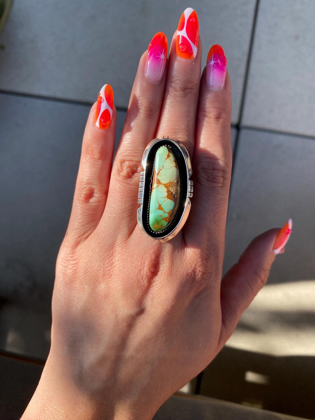 Large Polychrome Royston Turquoise and Thick Sterling Silver Saw-cut ...