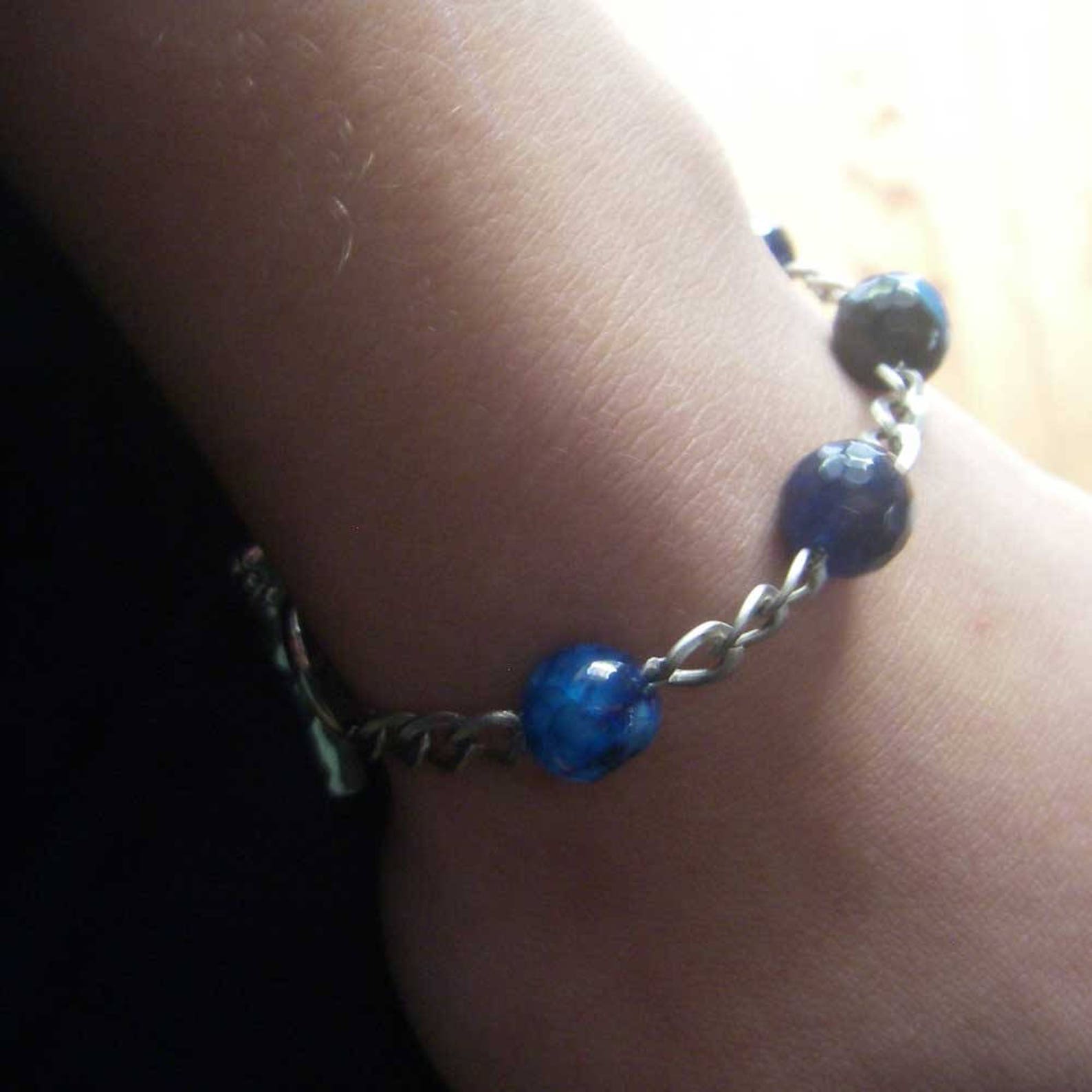 Blue Agate Chain Bracelet, Bohemian Gemstone Bracelet, Blue, Turquoise ...