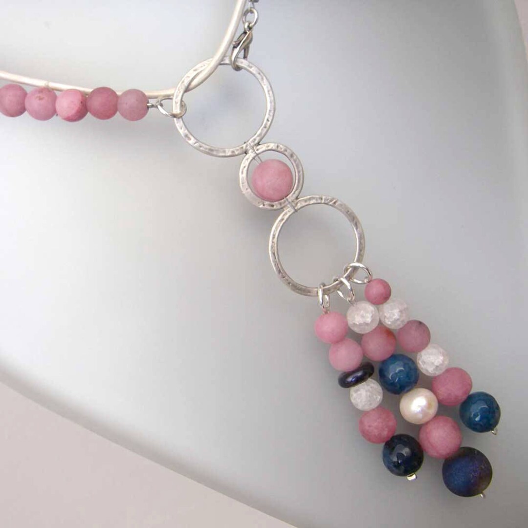 Long Gemstone Necklace, Pink Frost Agate Lariat Gemstone Necklace ...