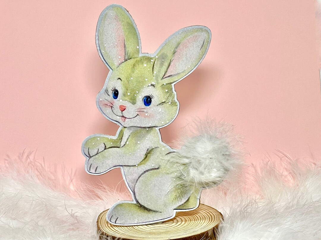 Handmade Easter Bunny Standee Decor W/ Fluffy Tail & Glitter, Cute ...