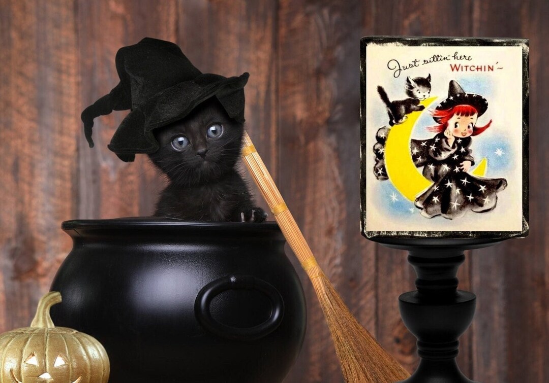 Kitschy Vintage Halloween Decor Shelf Sitter Wood Block Sign, Halloween ...