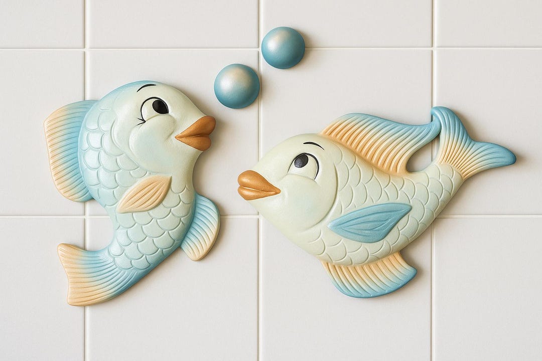 Retro Chalkware Fish Wall Plaques With Bubbles – Mid Century Bathroom ...