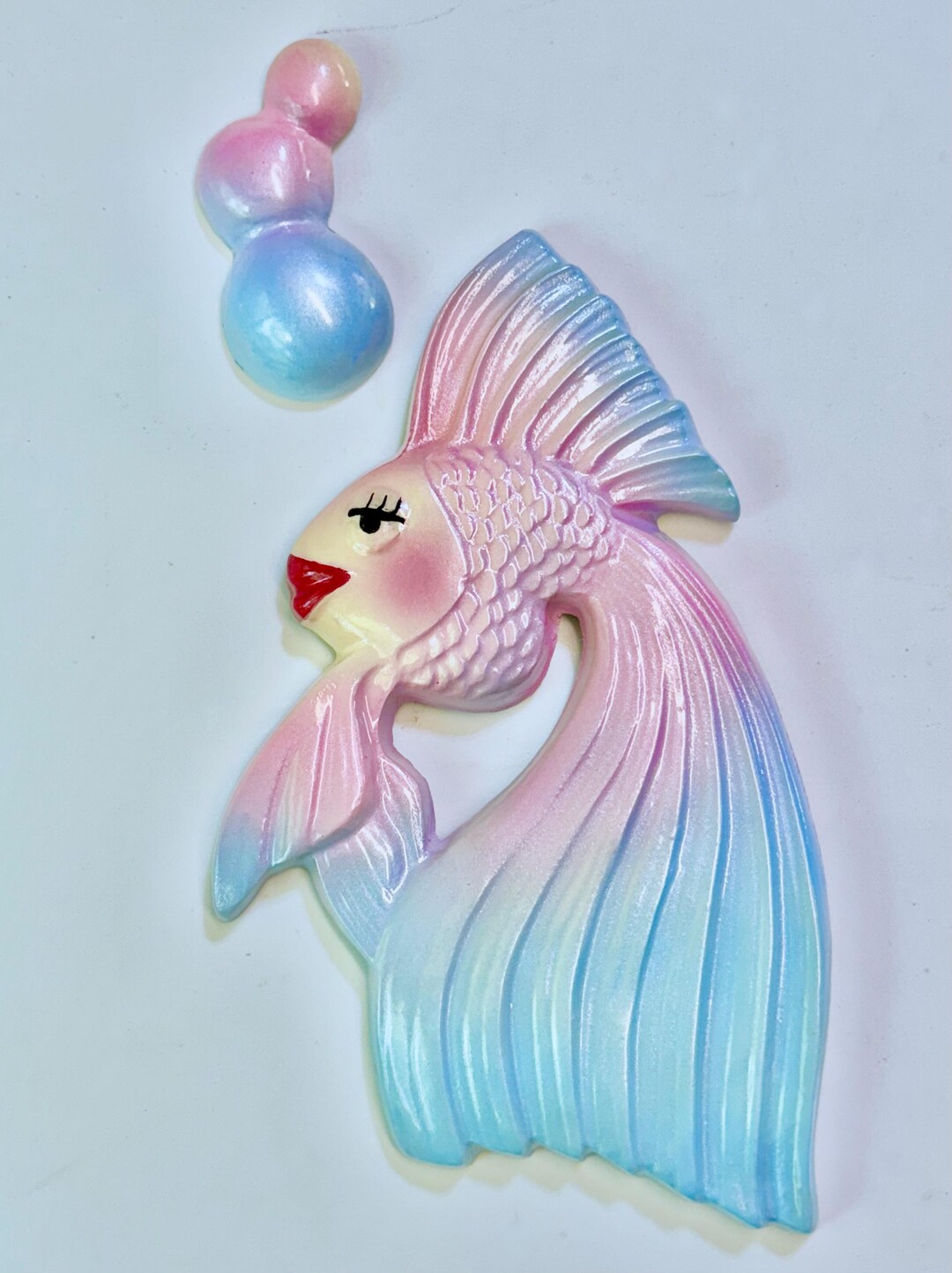 Kitschy Fish & Bubbles Chalkware Wall Art Plaques, Anthropomorphic Fish ...