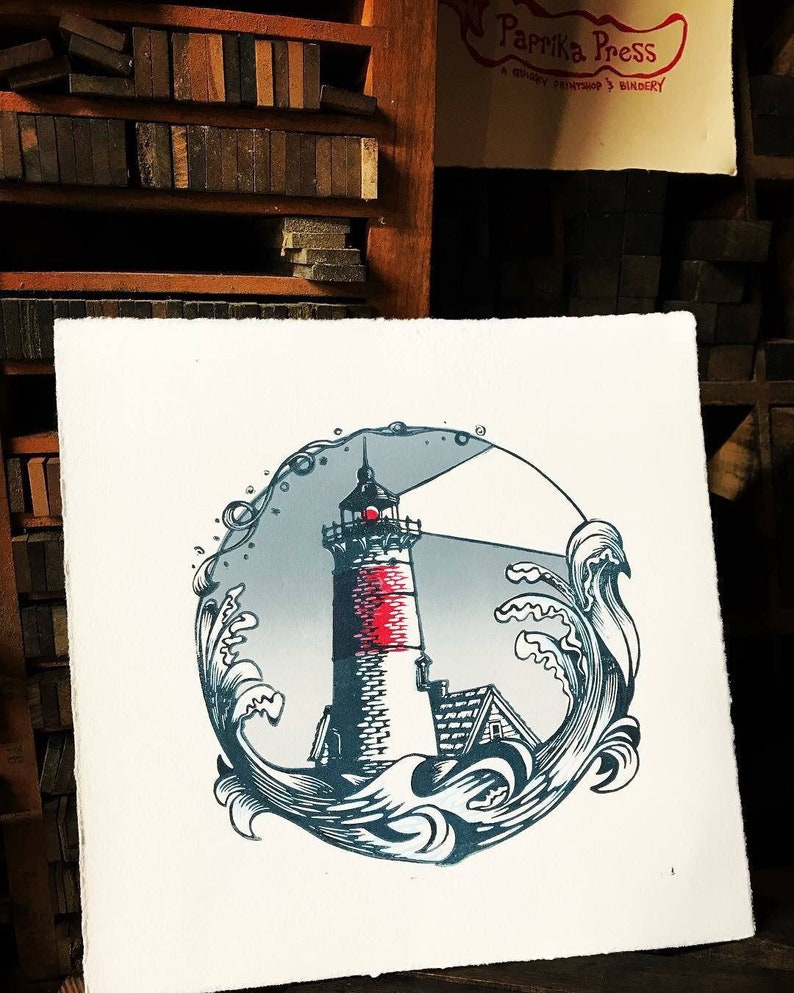 Guide My Way Tonight Lighthouse Linocut by Paprika Press - Etsy