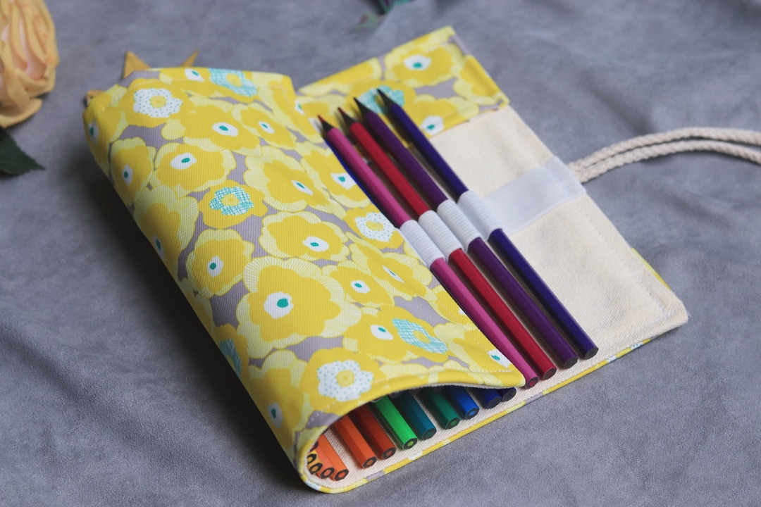 Canvas Case Colored Pencil Roll Organizer Pencil Roll up Yellow Flowers ...