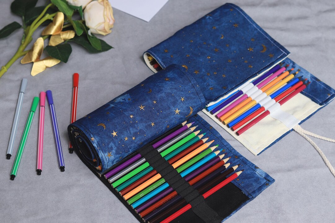 Canvas Pencil Roll up Pouch, Gilding Moon and Star Denim Fabric Pens ...