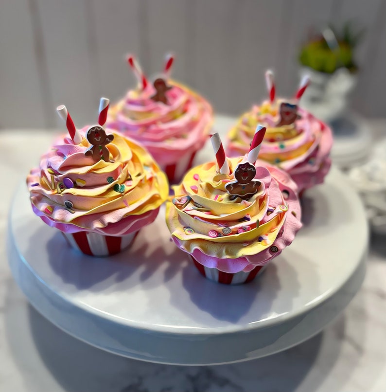 DEZICAKES Fake Candy Land Cupcakes Pink Yellow Gingerbread Man SET of 3 ...