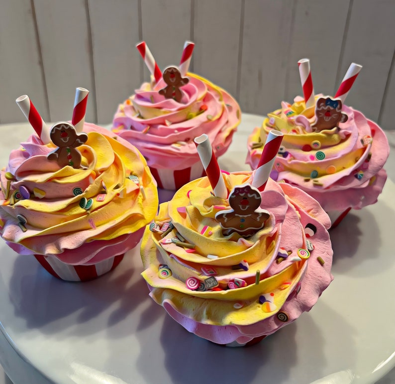 DEZICAKES Fake Candy Land Cupcakes Pink Yellow Gingerbread Man SET of 3 ...