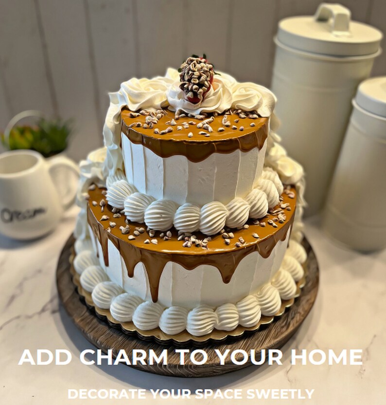 DEZICAKES Two Tier Vanilla Carmel Drizzle Cake Prop Decoration ...