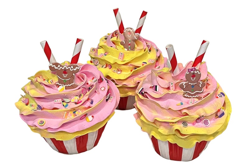 DEZICAKES Fake Candy Land Cupcakes Pink Yellow Gingerbread Man SET of 3 ...