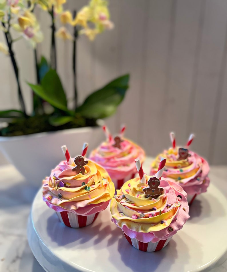 DEZICAKES Fake Candy Land Cupcakes Pink Yellow Gingerbread Man SET of 3 ...