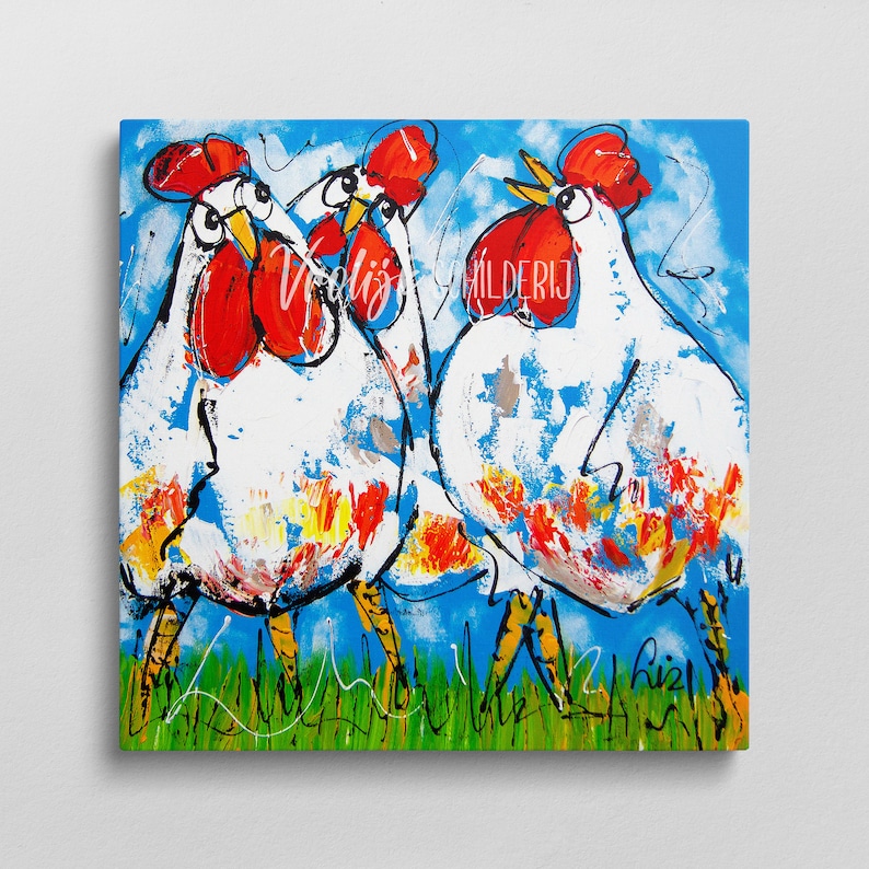 3 Crazy Colorful Chickens Painting Wall Decoration Premium Colors ...