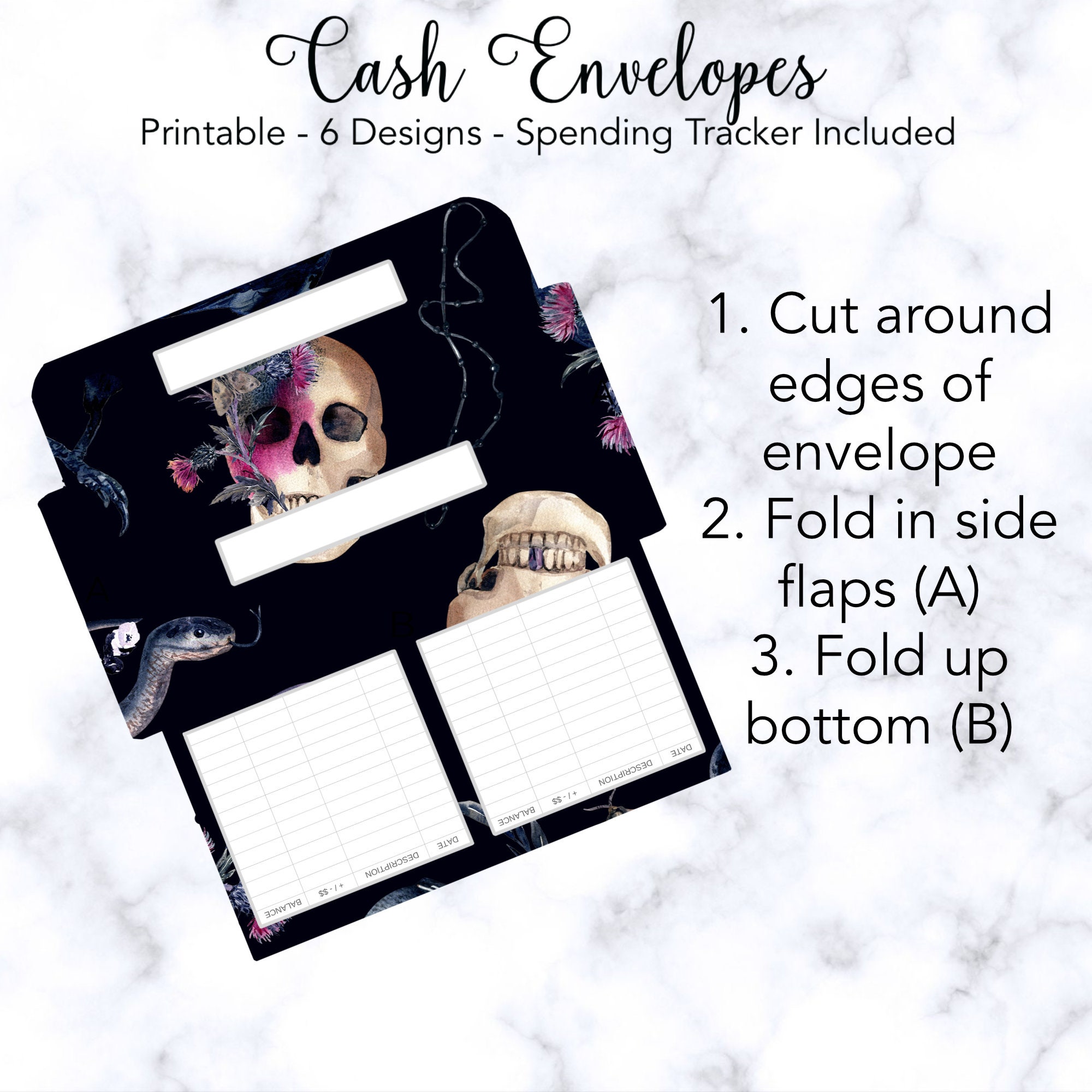 Cash Envelopes Printable, Cash Envelope System, Gothic Floral Skulls ...