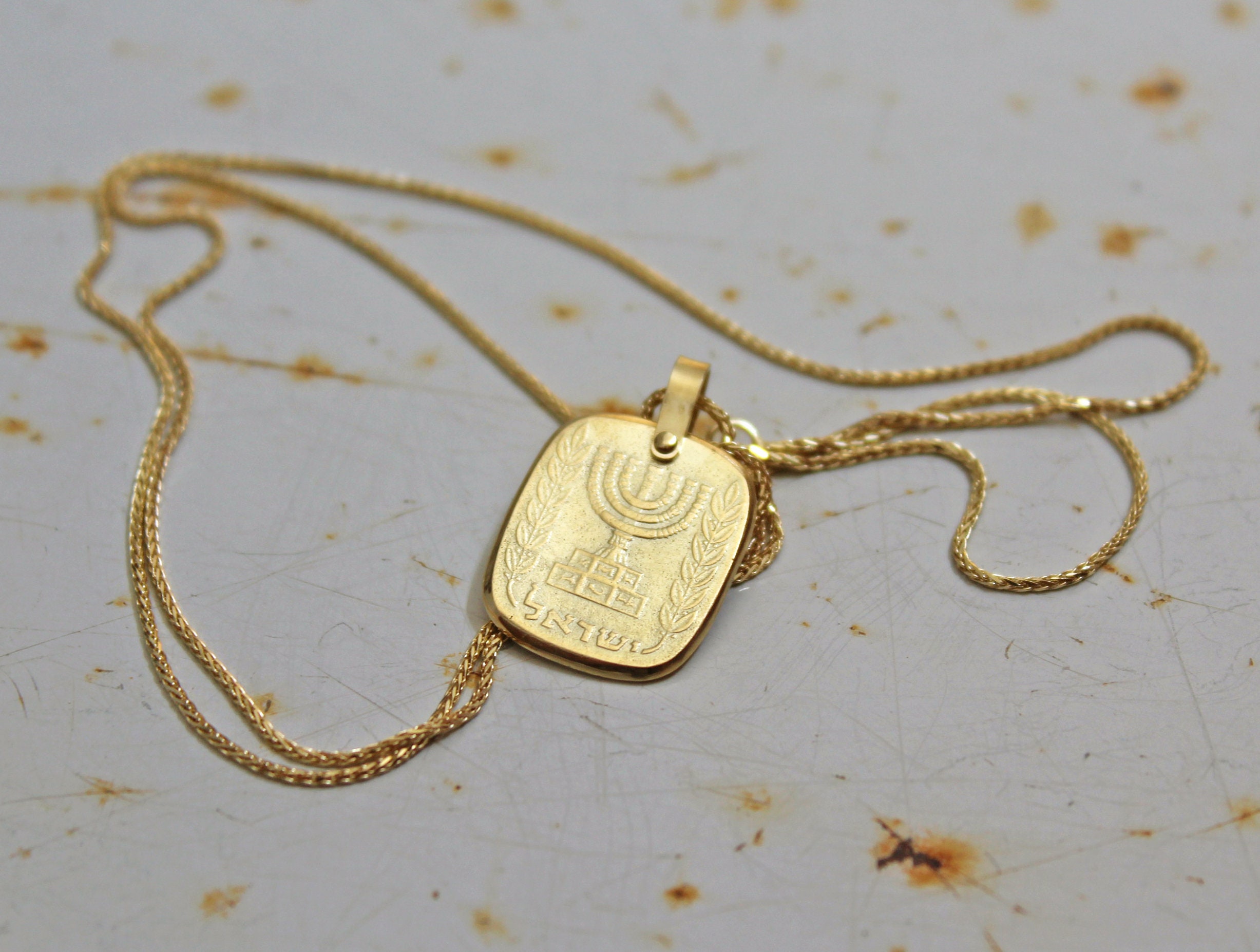 Emblem of Israel 14k Solid Gold Coin Necklace Israeli Menorah Pendant ...