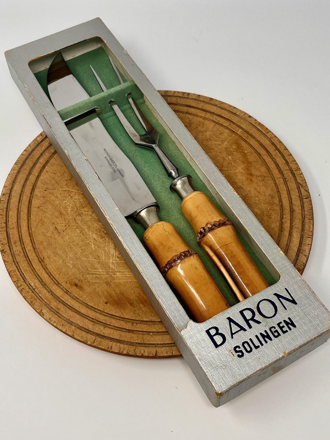 Vintage Baron Solingen Knife and Fork Carving Set With Bamboo Handles ...