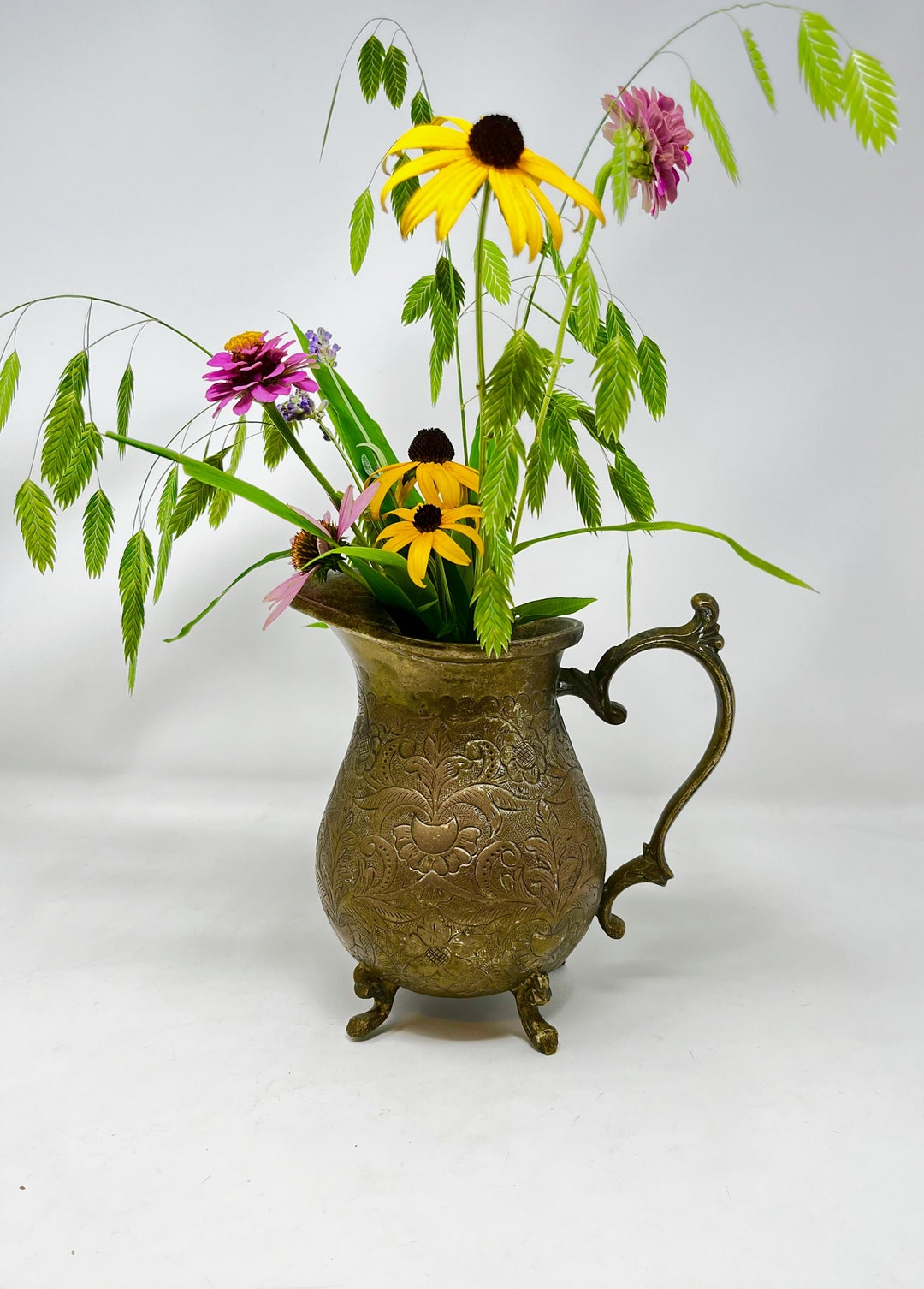 Vintage Metal Pitcher Vase With Ornately Etched Floral Design - Etsy