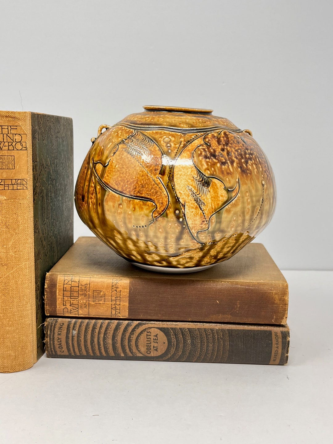 Vintage Pottery Vase With Brown Glaze and Intaglio Designs - Etsy