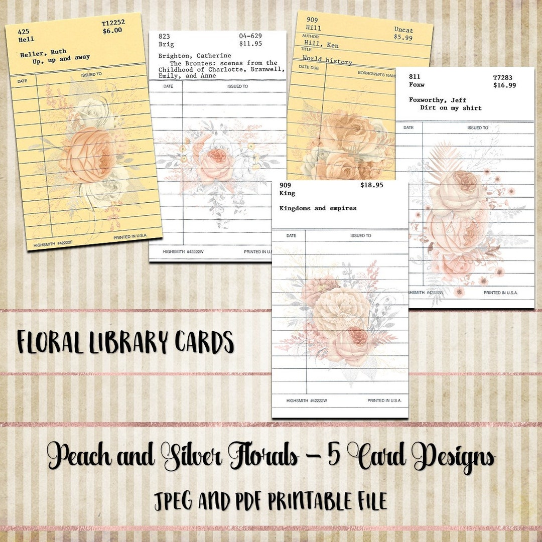 Peach and Silver Floral Digital Library Cards journaling Cards Ephemera ...