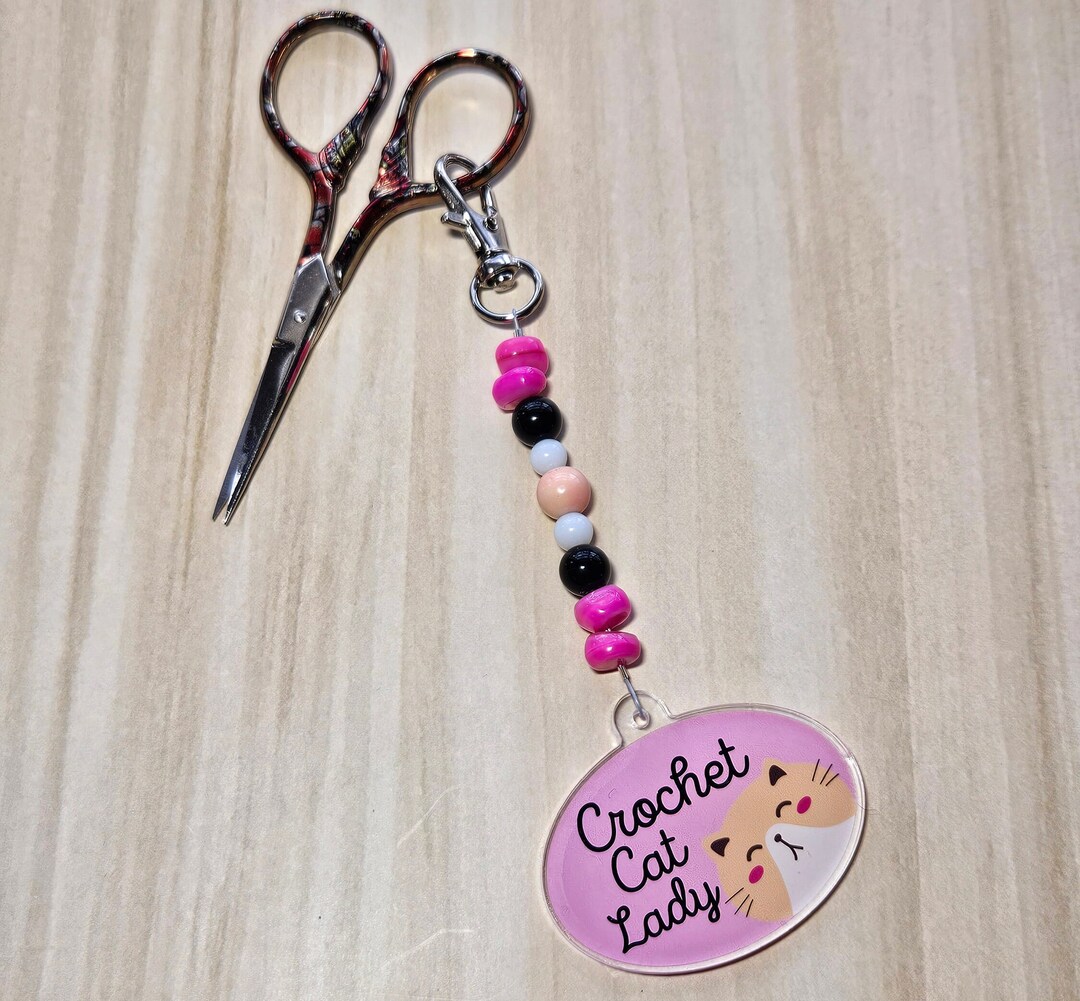 Crochet Cat Lady, Scissor Fob, Black, White, Fuchsia, Peach, Glass ...
