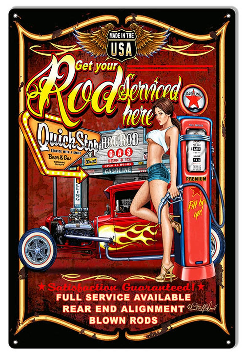 Hot Rod Service Garage Shop Pin Up Girl Man Cave Metal Sign Etsy
