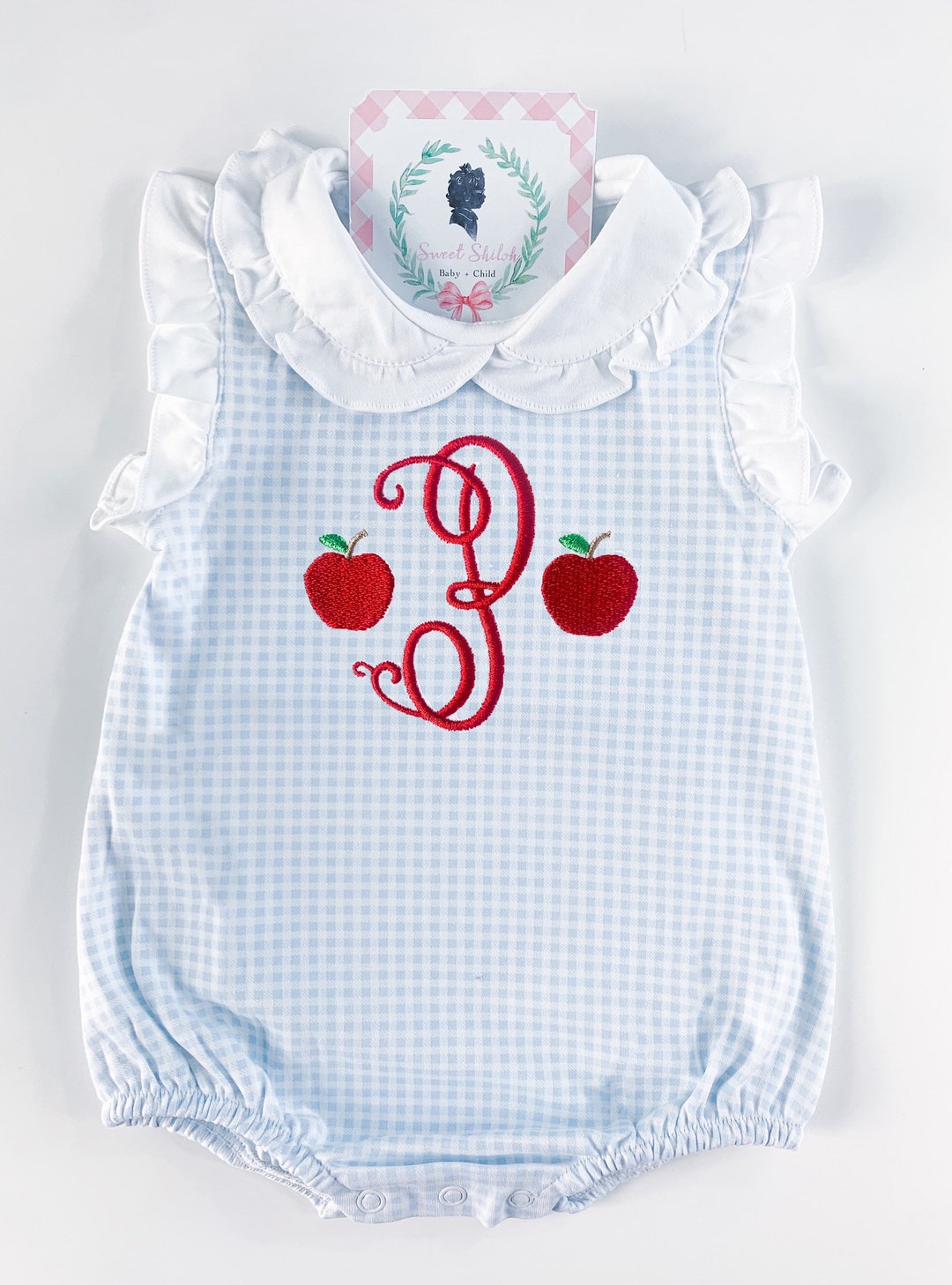 Girls Apple Monogram One Piece, Back to School Outfit, Gingham Apple ...