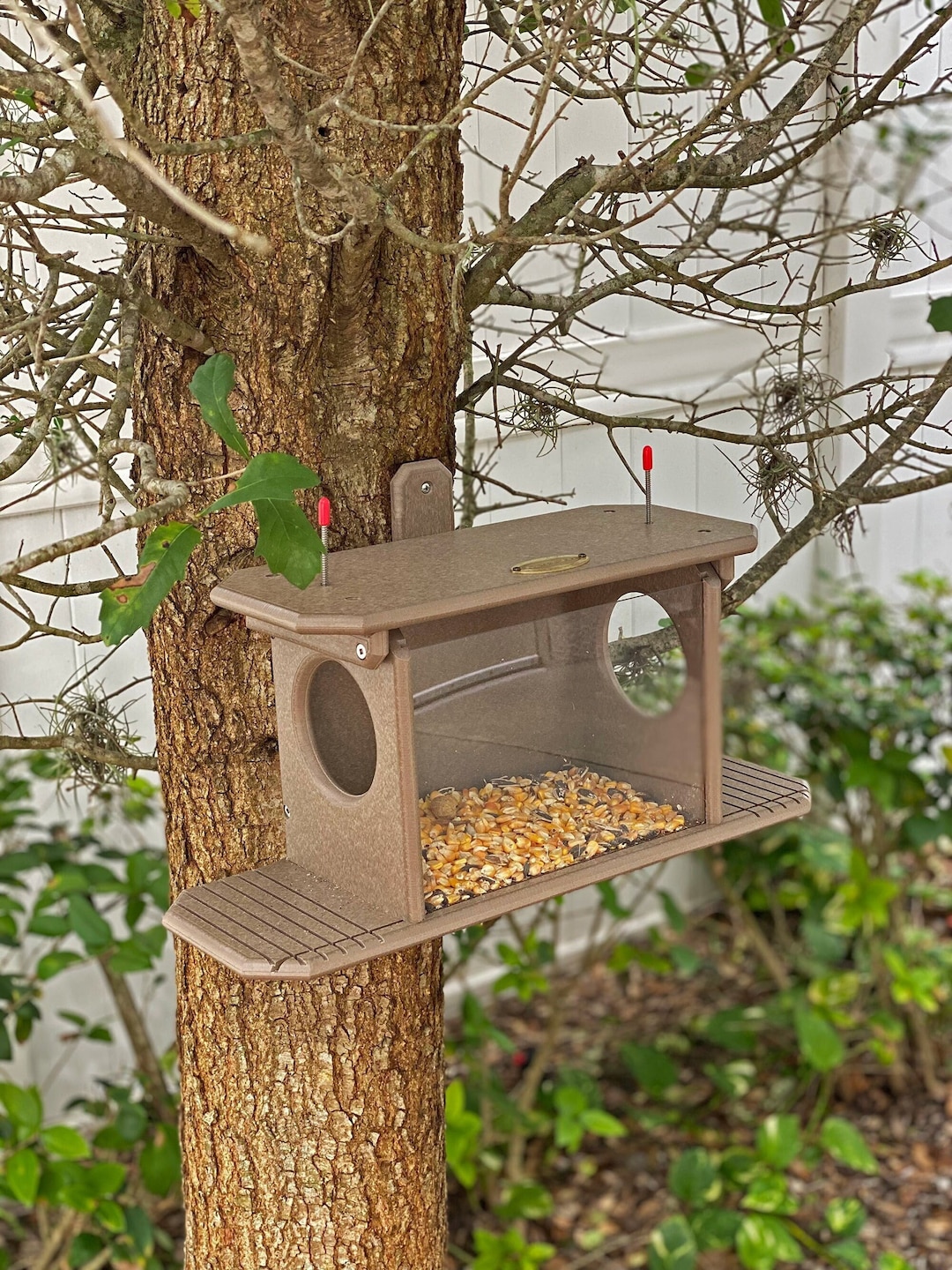 Large Covered Squirrel Feeder With 2 Corn Spikes, Wall or Tree Mount ...