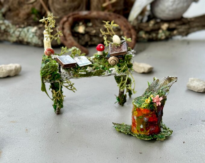 Miniature Fairy Table With Tarot Cards and Stool- Fairy Furniture, Tiny ...