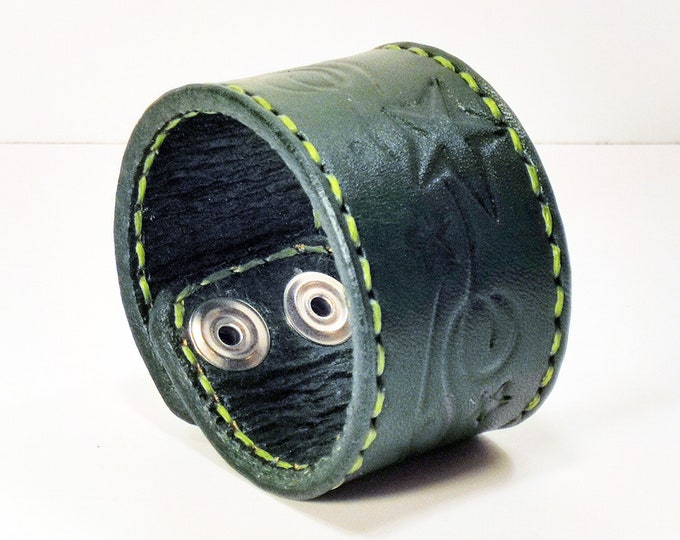 Green Leather Cuff, Green Leather Bracelet, Skull Cuff, Handmade Item ...