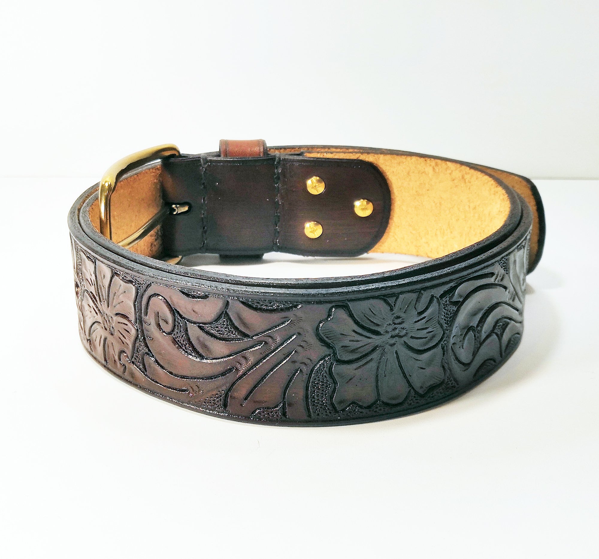 Brown leather belt with flowers motif. 100% handmate great | Etsy