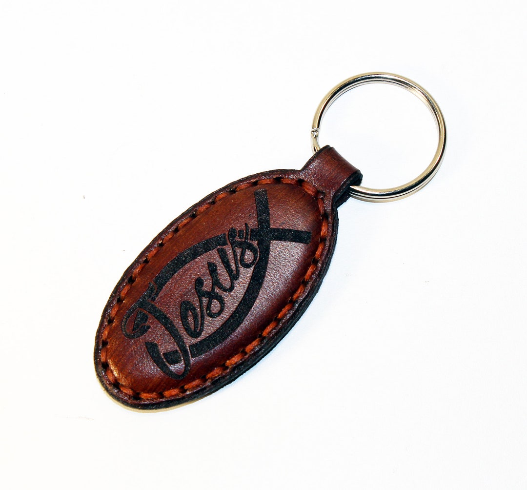 Leather Jesus Fish Keychain: Hand Stitched Christian Keyfob - Etsy