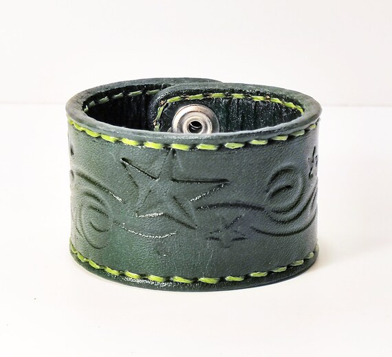 Green Leather Cuff Green Leather Bracelet Skull Cuff | Etsy