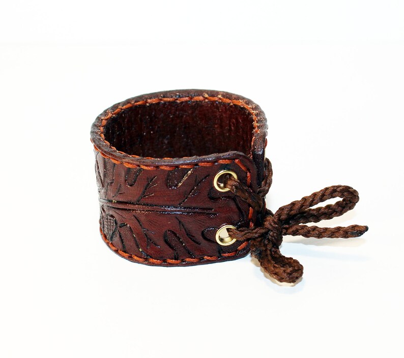 Leather Cuff Cuff With Oak Leaves Ornament Great Gift for | Etsy