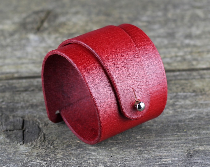 Red Leather Cuff / Leather Wraparound Wristcuff With Nickel Buckle ...