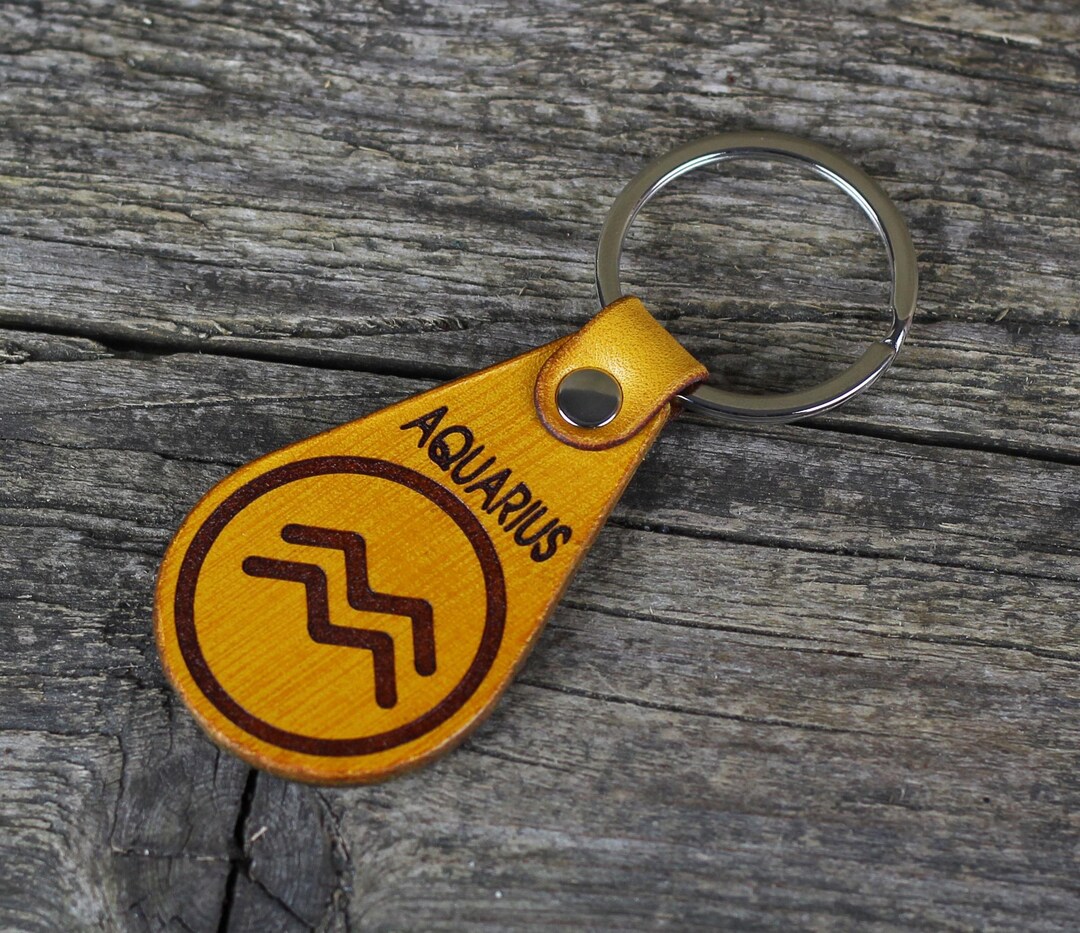 Aquarius Symbol Leather Key Chain, Zodiac Symbol Key Fob, Aquarius ...