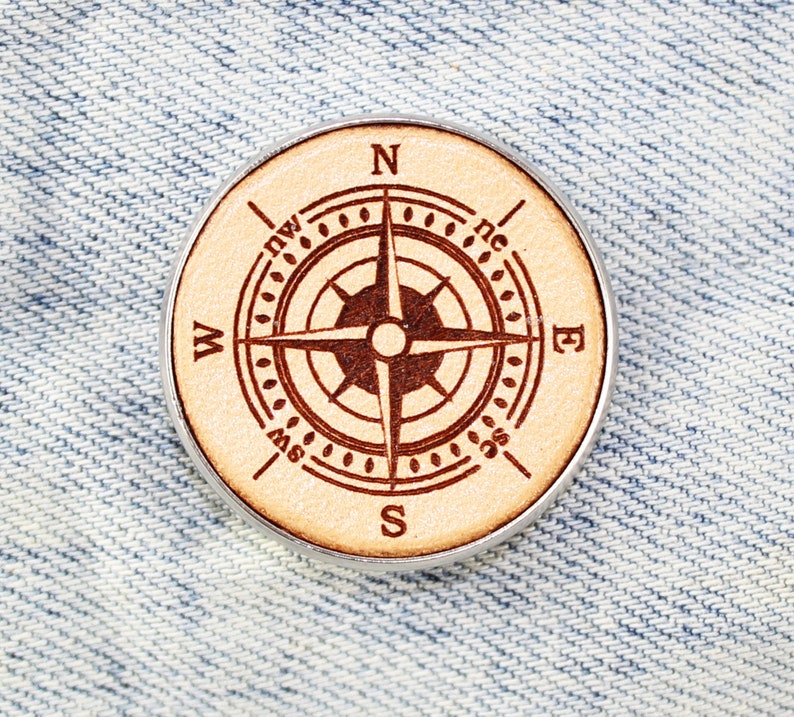 Engraved Leather Compass Pin: Wind Rose Badge - Etsy
