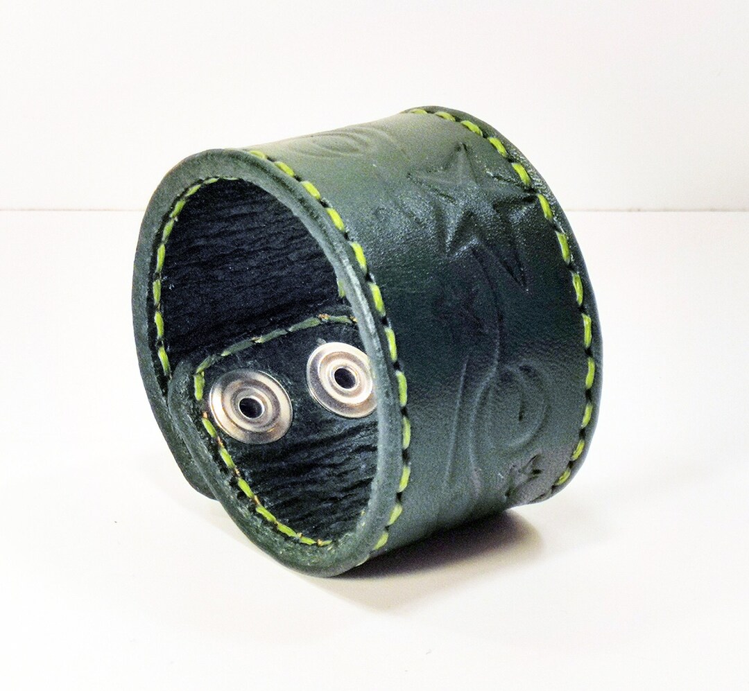 Green Leather Cuff, Green Leather Bracelet, Skull Cuff, Handmade Item ...